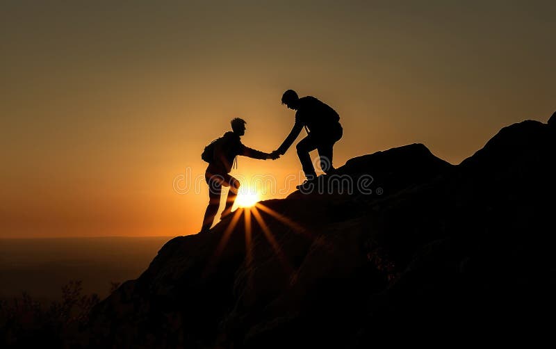 Help and Assistance Concept. Silhouettes of Two People Climbing on ...
