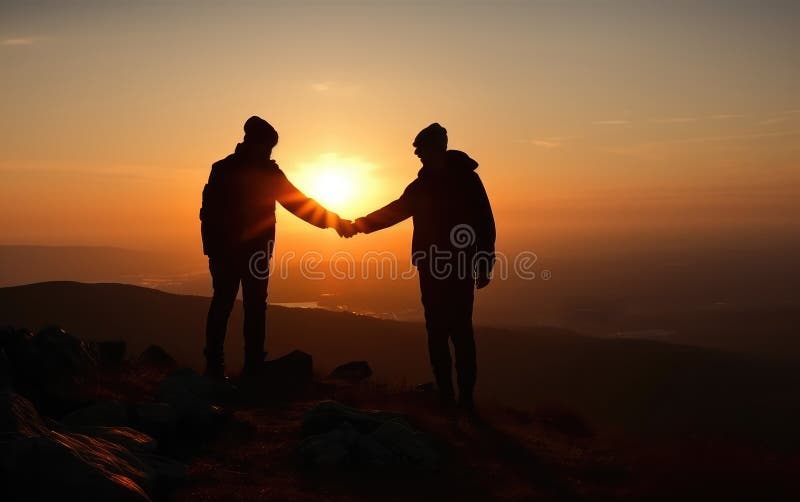 Man Giving Helping Hand Silhouettes People Climbing Mountain Sunset ...