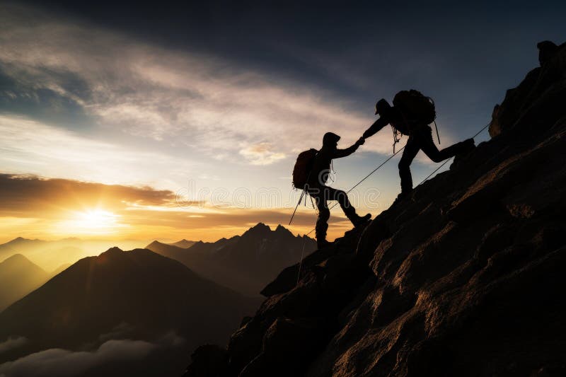 Help and Assistance Concept. Silhouettes of Two People Climbing on ...