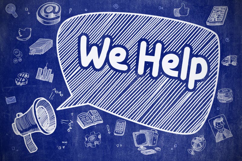 We Help - Cartoon Illustration on Blue Chalkboard. Stock Illustration ...