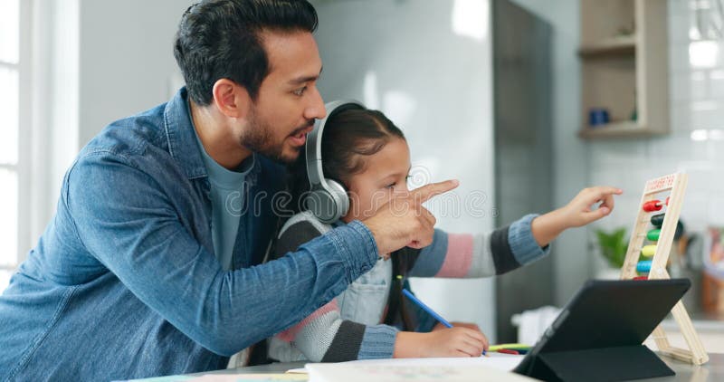 Help, Dad and Child with Math Homework, Headphones and Support in ...