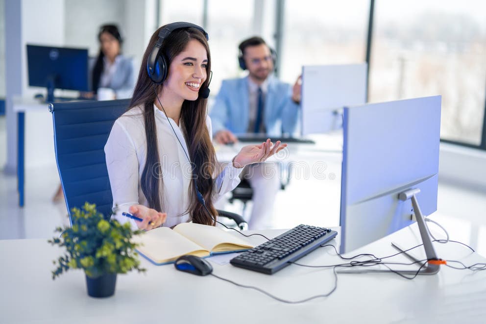 Help Desk Representative Woman with Headset Communicating with Customer ...