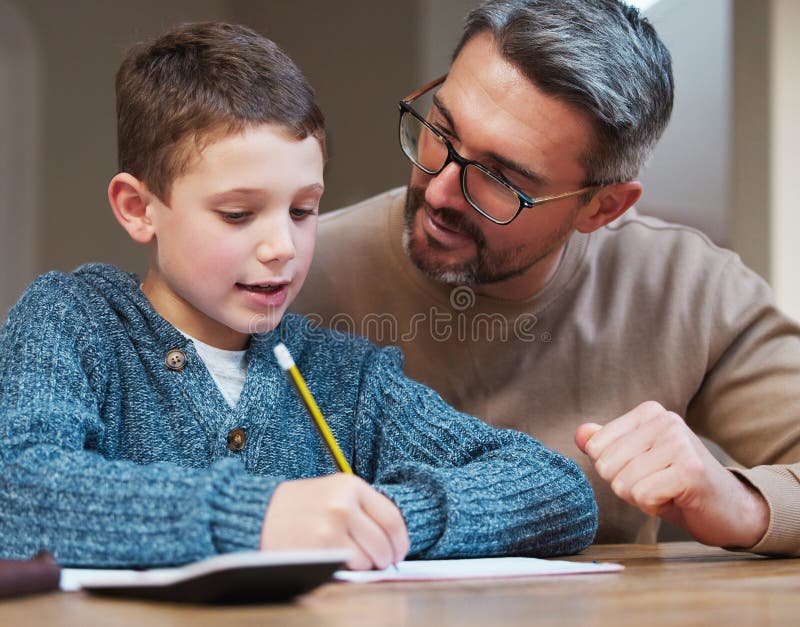 Help, Homework and Dad with Son at Table for Teaching, Learning and ...