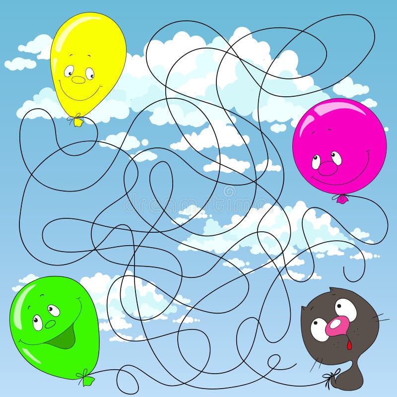 Help the Kitten Find His Balloon. Labyrinth for Children. Educational Games. Find the Path ...
