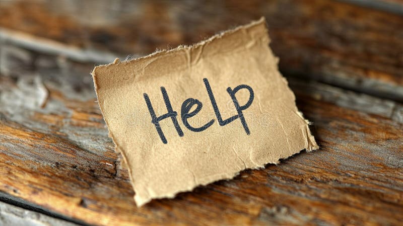 Help Message Written on a Piece of Cardboard Placed on a Wooden Surface ...