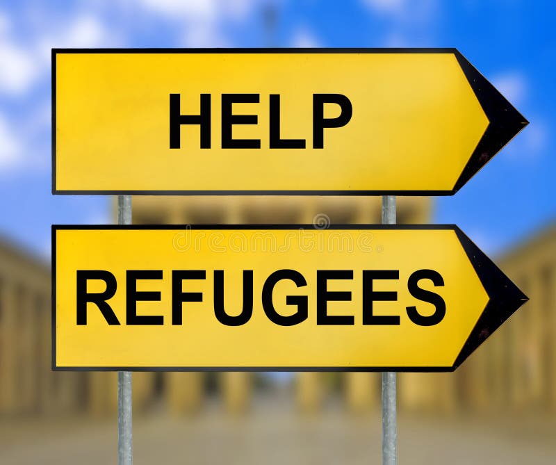 Help Refugee Traffic Sign with Blurred Berlin Background Stock Image ...