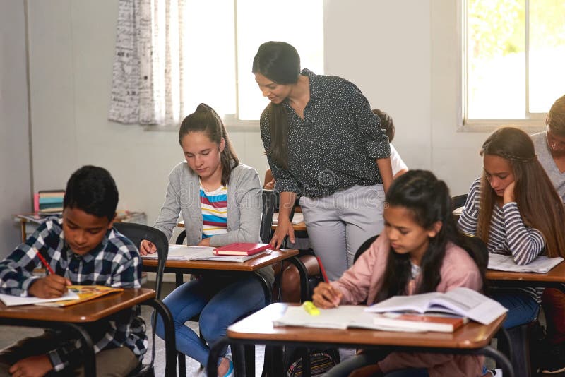 Help, Students and Teacher in Classroom, Smile and Education with ...