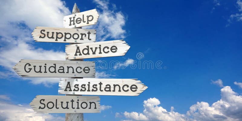 Help, Support, Advice, Guidance, Assistance, Solution - Wooden Signpost ... Help, Support, Advice, Guidance, Assistance, Solution - Wooden Signpost ...