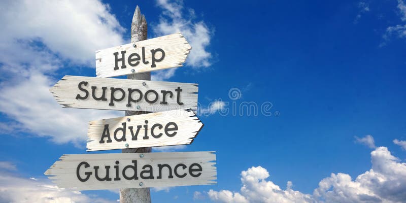 Help, Support, Advice, Guidance - Wooden Signpost with Four Arrows ... Help, Support, Advice, Guidance - Wooden Signpost with Four Arrows ...