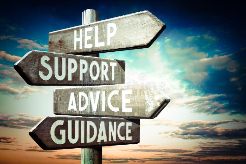 Help, Support, Advice, Guidance - Wooden Signpost, Roadsign with Four ... Help, Support, Advice, Guidance - Wooden Signpost, Roadsign with Four ...