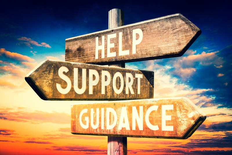 Help, Support, Guidance - Wooden Signpost, Roadsign with Three Arrows ... Help, Support, Guidance - Wooden Signpost, Roadsign with Three Arrows ...