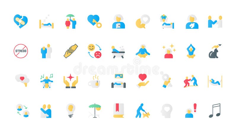 Help and Support in Stress, Wellbeing Flat Icons Set, Symbols of Self ...