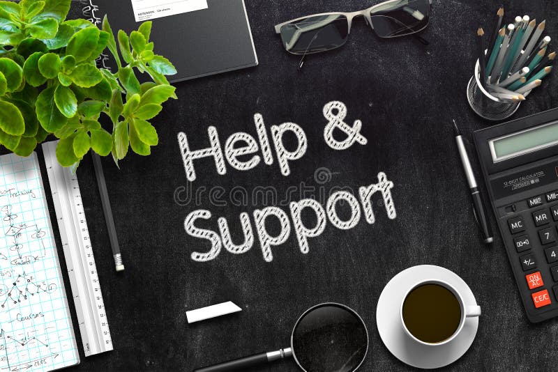 Help and Support - Text on Black Chalkboard. 3D Rendering. Stock ...