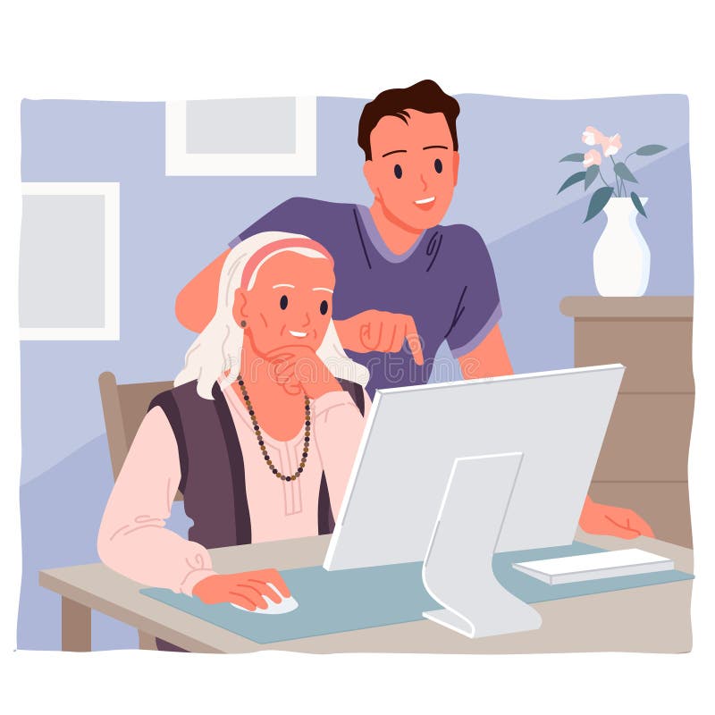 Help and Support from Young Man for Older Woman Sitting at Desk in ...