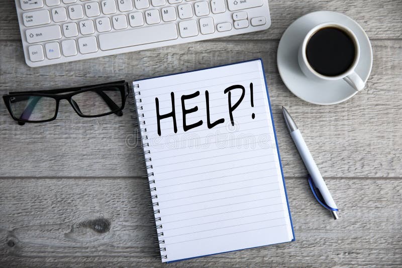 Help text on notepad stock photo. Image of work, background - 193235766