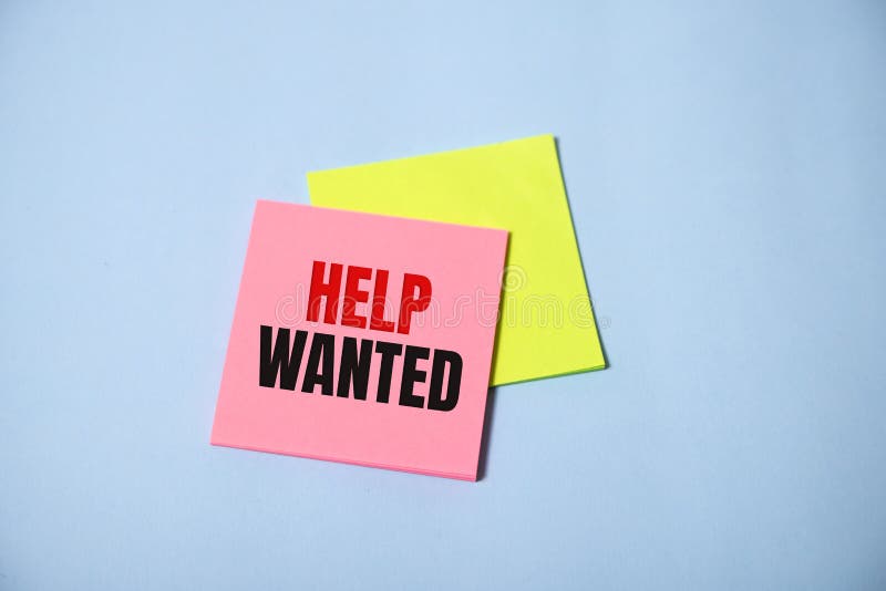 Help Wanted Sign on Stickers on Blue Background Stock Image - Image of ...