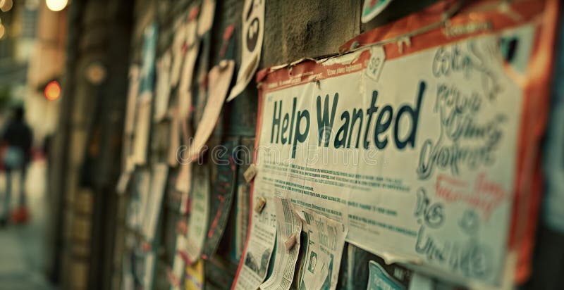 Help Wanted Sign on a Vintage Bulletin Board, Surrounded by Old ...