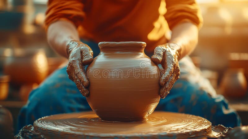 With the Help of a Wheel, a Potter is Creating a Pot from Clay. the Pot ...