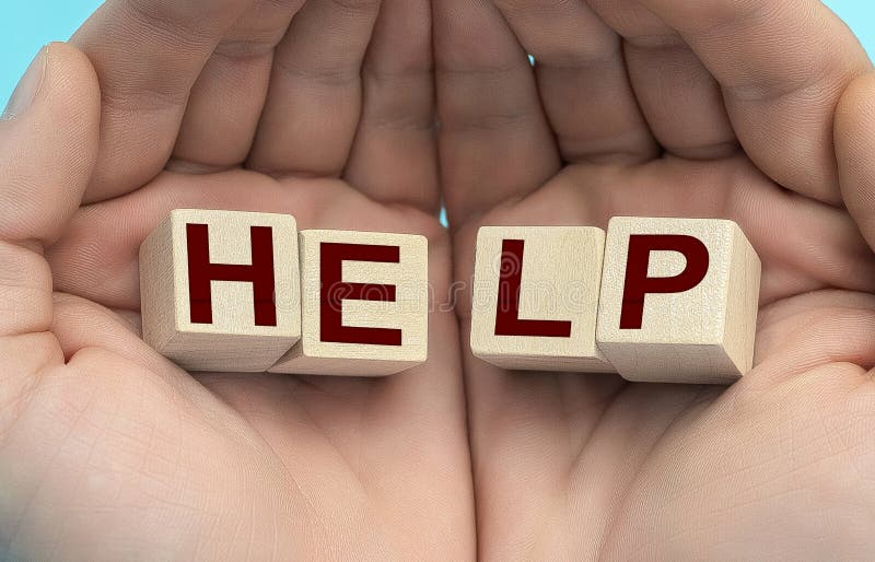 HELP Word Written in Wooden Cube. HELP Text Concept. Men`s Hands, Cube ...