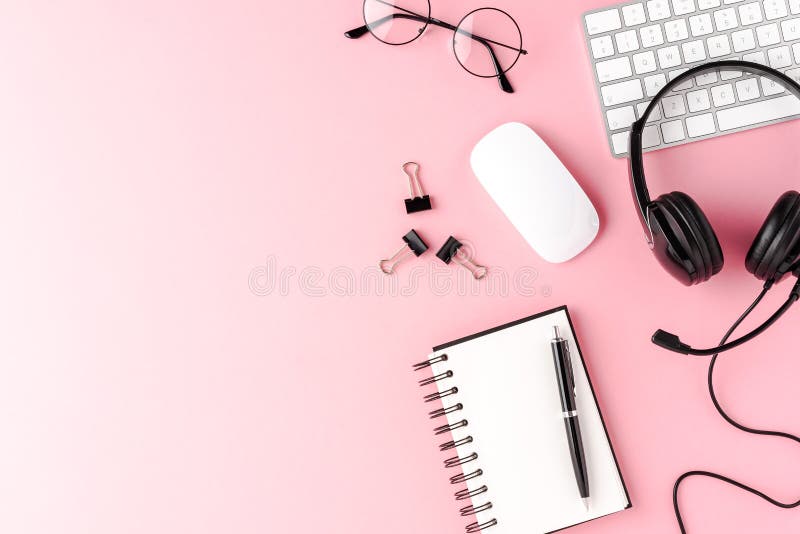 Helpdesk Desktop with Headset, Computer and Accessories. Pink Business ...