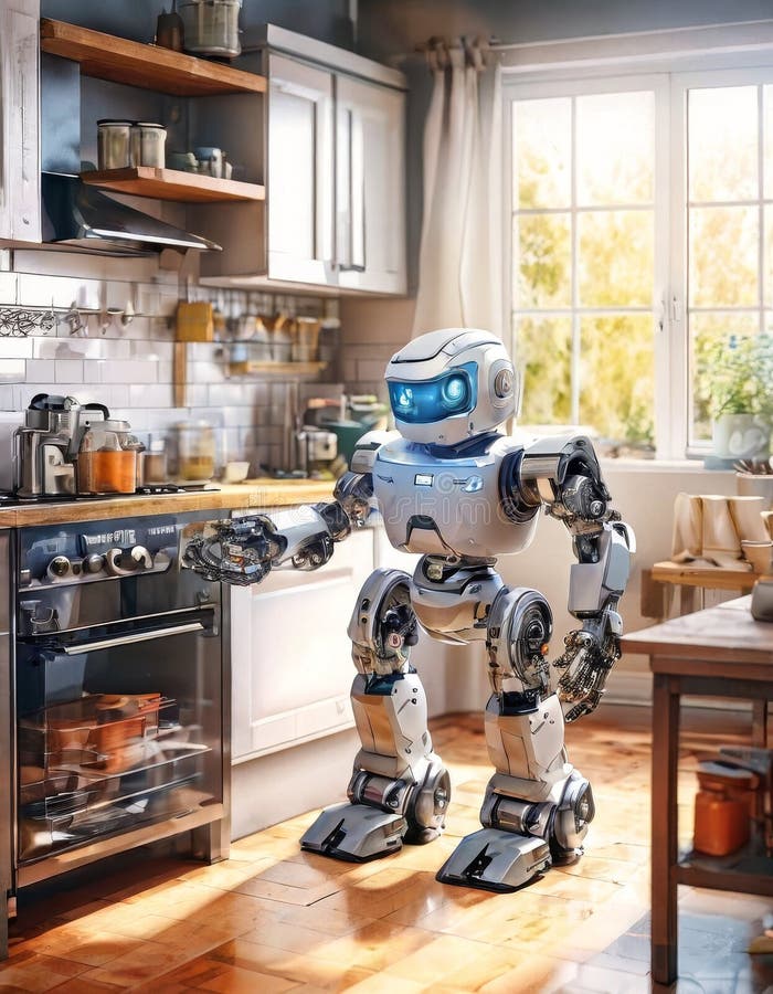 Helpful Kitchen Robot Assisting with Cooking in a Modern Home Stock ...