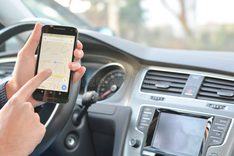 Helpful Map App on Smartphone while Driving Stock Image - Image of held ...