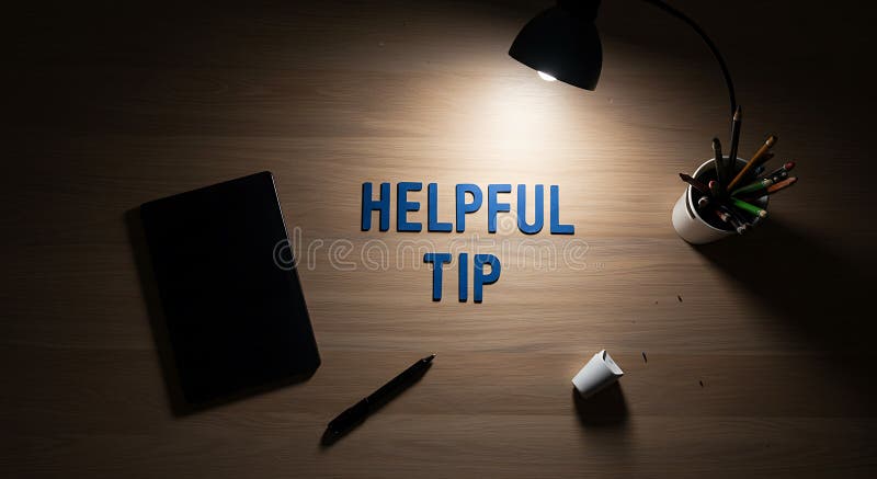 Helpful Tip Illuminated on a Wooden Desk with Stationary Items Stock ...