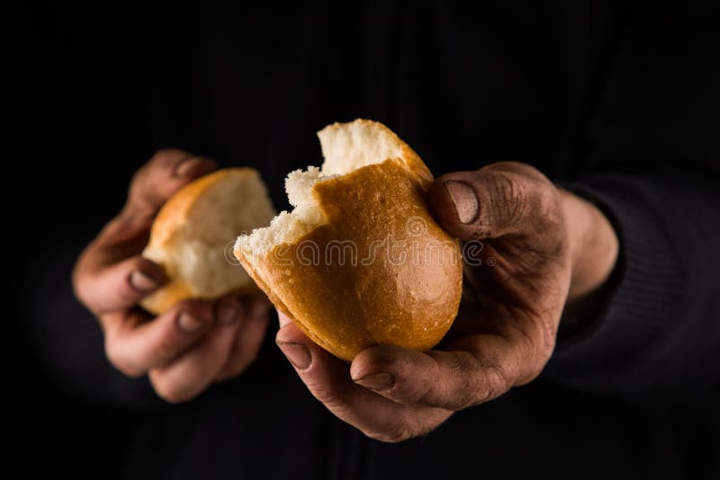 Helping Hand Giving a Piece of Bread. Poor Man Sharing Bread, Helping ...