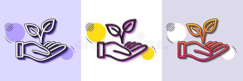 Helping Hand Line Icon. Charity Gesture Sign. Startup Plant. Halftone ...