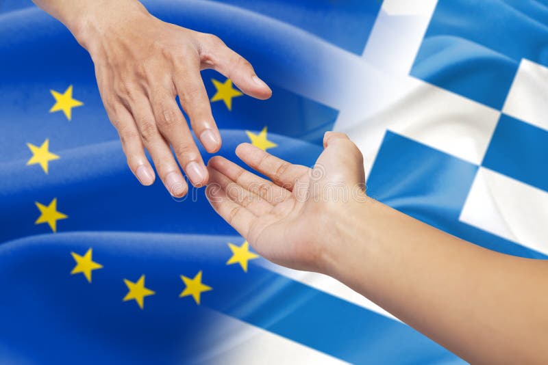 Helping Hands with Europe and Greece Flag Stock Photo - Image of peace ...