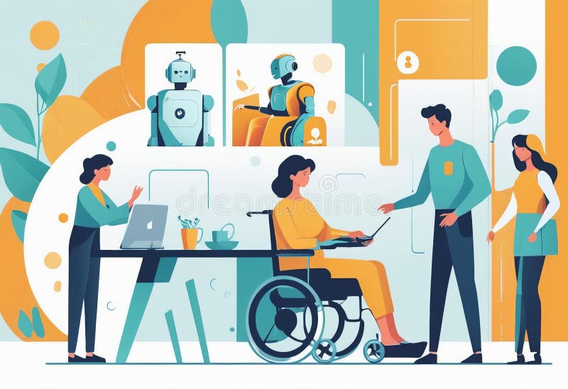 Helping Hands of Tomorrow: AI-Powered Robots Orchestrate an Inclusive Future Stock Illustration ...