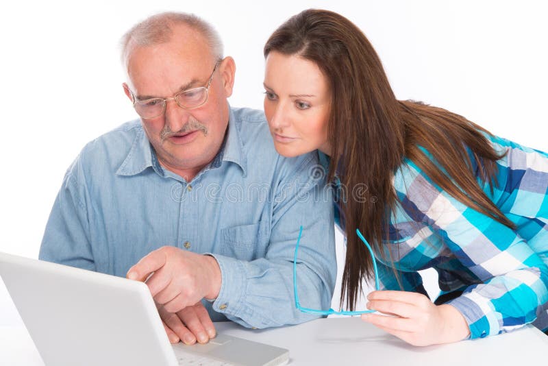 Helping with new computer stock image. Image of casual - 29139659