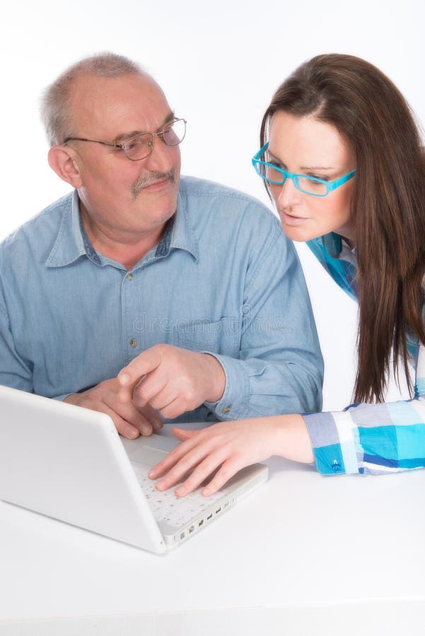 Helping with new computer stock image. Image of casual - 29139659