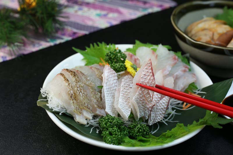Japanese Omakase Meal: Close Up Tai Sea Bream Fish Sushi Served on ...