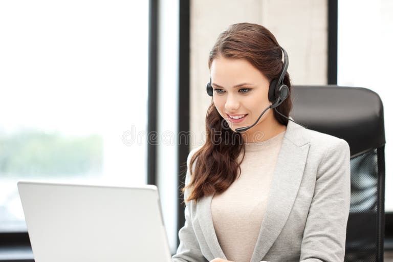 Helpline Operator with Laptop Computer Stock Photo - Image of happy ...