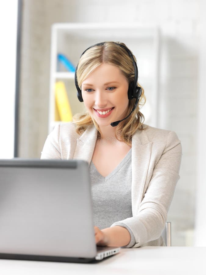 Helpline Operator with Laptop Computer Stock Photo - Image of friendly ...