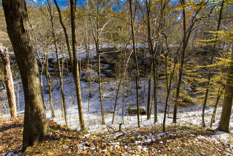 Hemlock Cliffs in Autumn after a Light Snow, Indiana Stock Photo ...