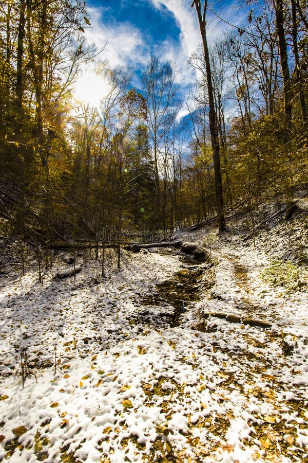 View of Hemlock Cliffs in Autumn after a Light Snow, Indiana Stock ...