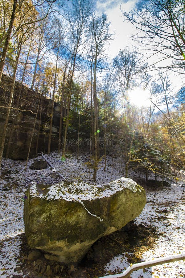View of Hemlock Cliffs in Autumn after a Light Snow, Indiana Stock ...