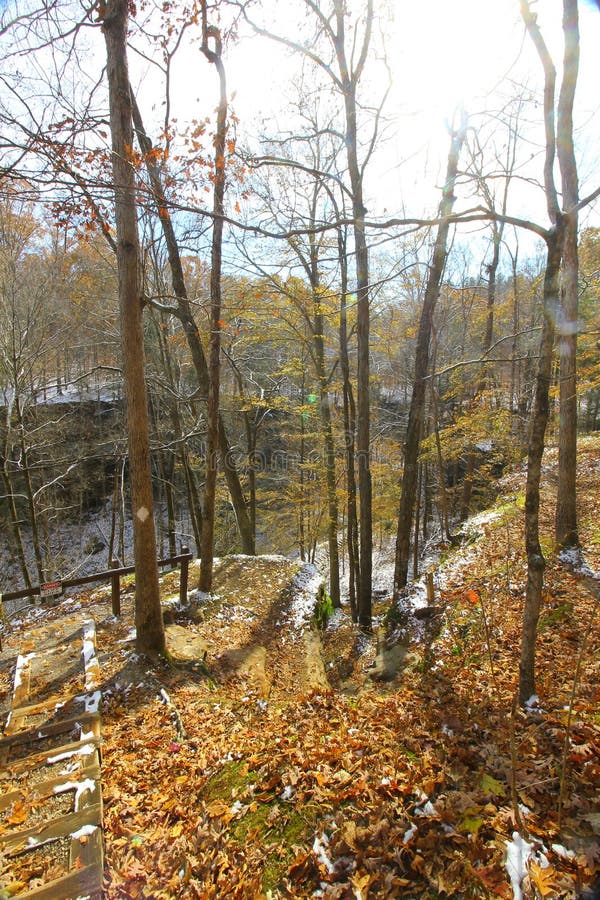 View of Hemlock Cliffs in Autumn after a Light Snow, Indiana Stock ...