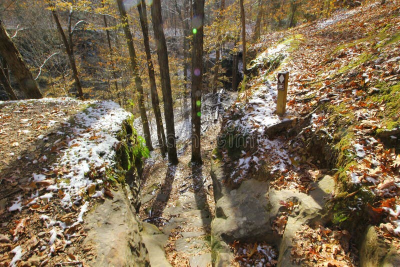View of Hemlock Cliffs in Autumn after a Light Snow, Indiana Stock ...