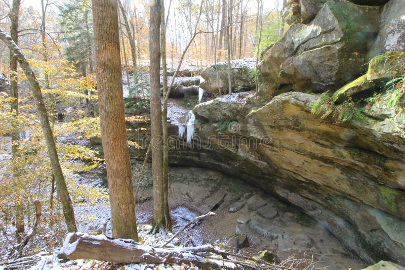 View of Hemlock Cliffs in Autumn after a Light Snow, Indiana Stock ...