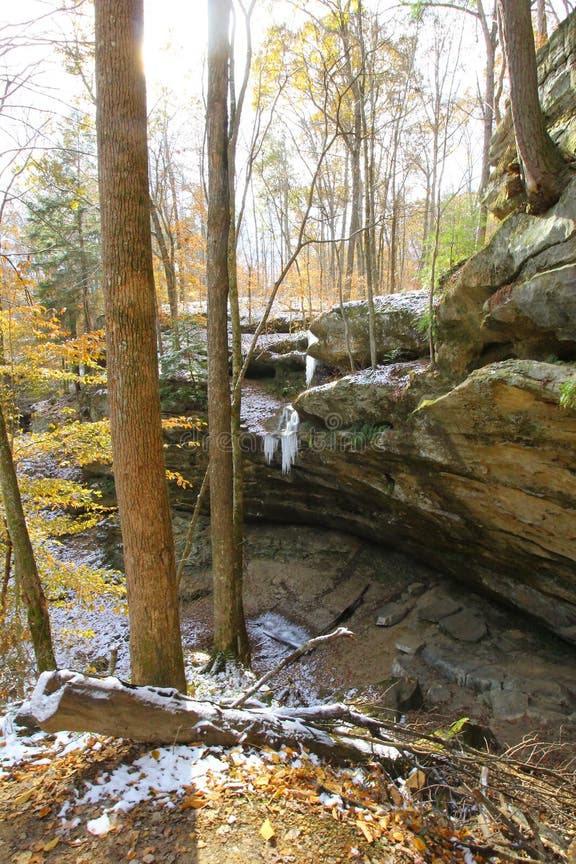 View of Hemlock Cliffs in Autumn after a Light Snow, Indiana Stock ...
