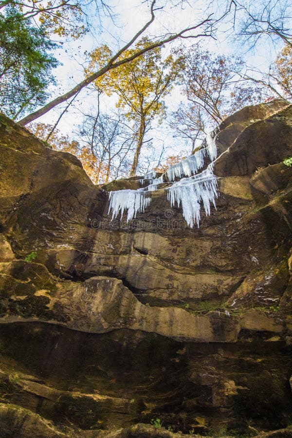 View of Hemlock Cliffs in Autumn after a Light Snow, Indiana Stock ...