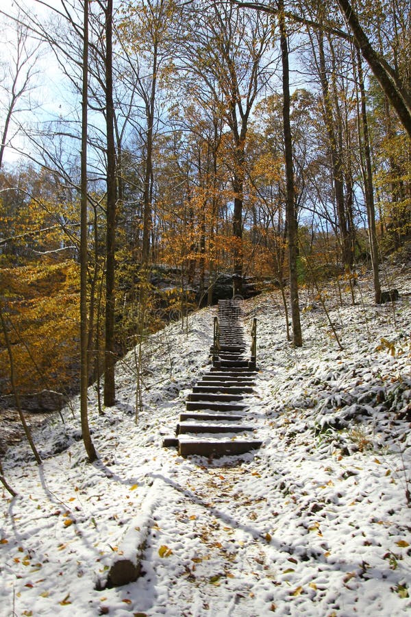 View of Hemlock Cliffs in Autumn after a Light Snow, Indiana Stock ...