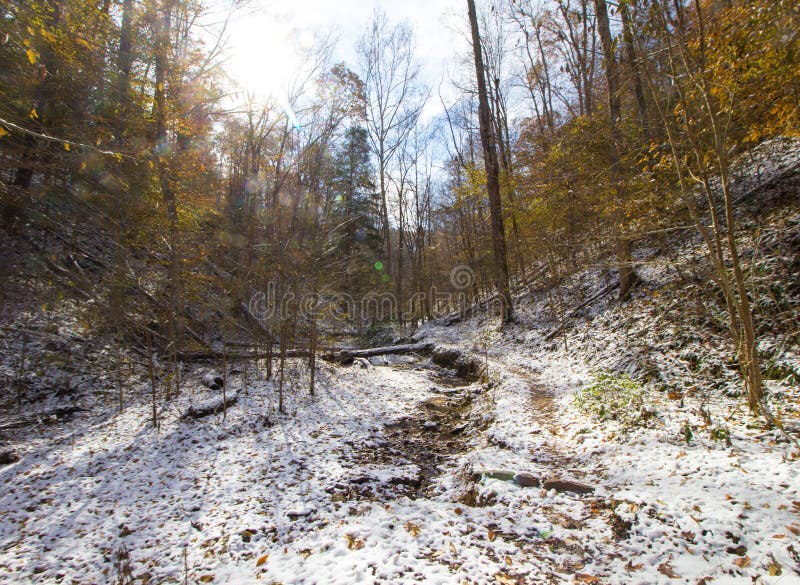 View of Hemlock Cliffs in Autumn after a Light Snow, Indiana Stock ...