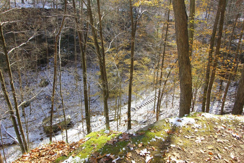 View of Hemlock Cliffs in Autumn after a Light Snow, Indiana Stock ...