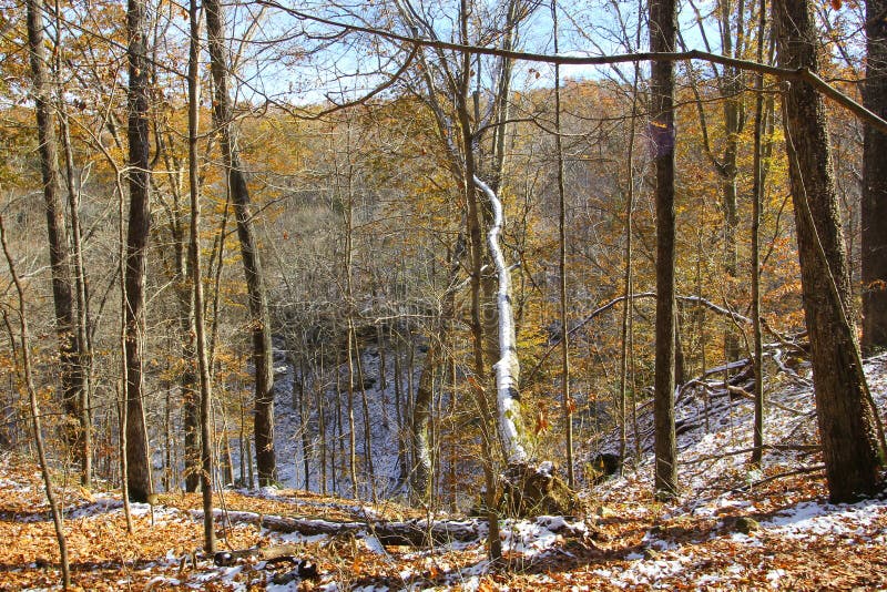 View of Hemlock Cliffs in Autumn after a Light Snow, Indiana Stock ...