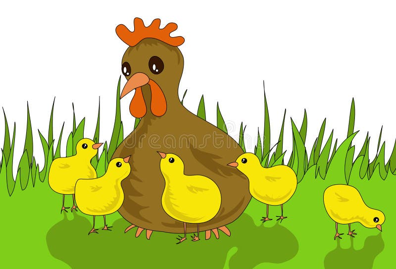 Childs Drawing Hen with Cute Chickens Stock Illustration - Illustration ...