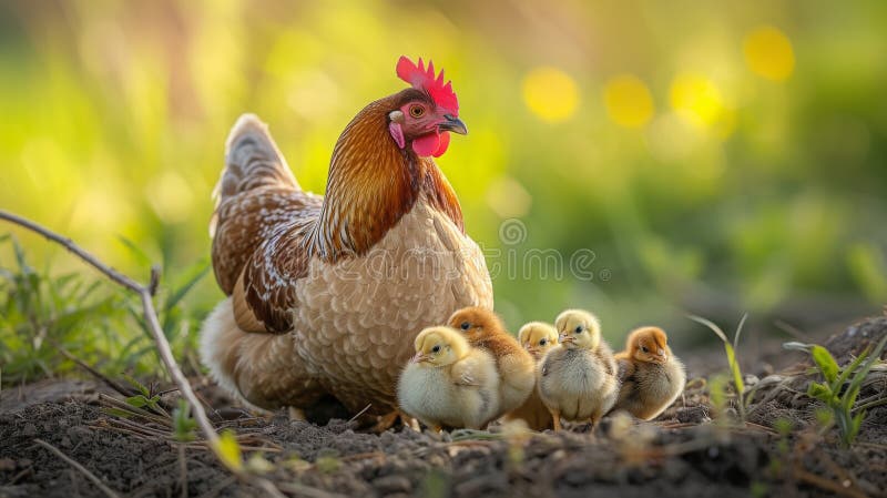 Hen with Chicks in the Morning Sun Stock Photo - Image of care, nature ...